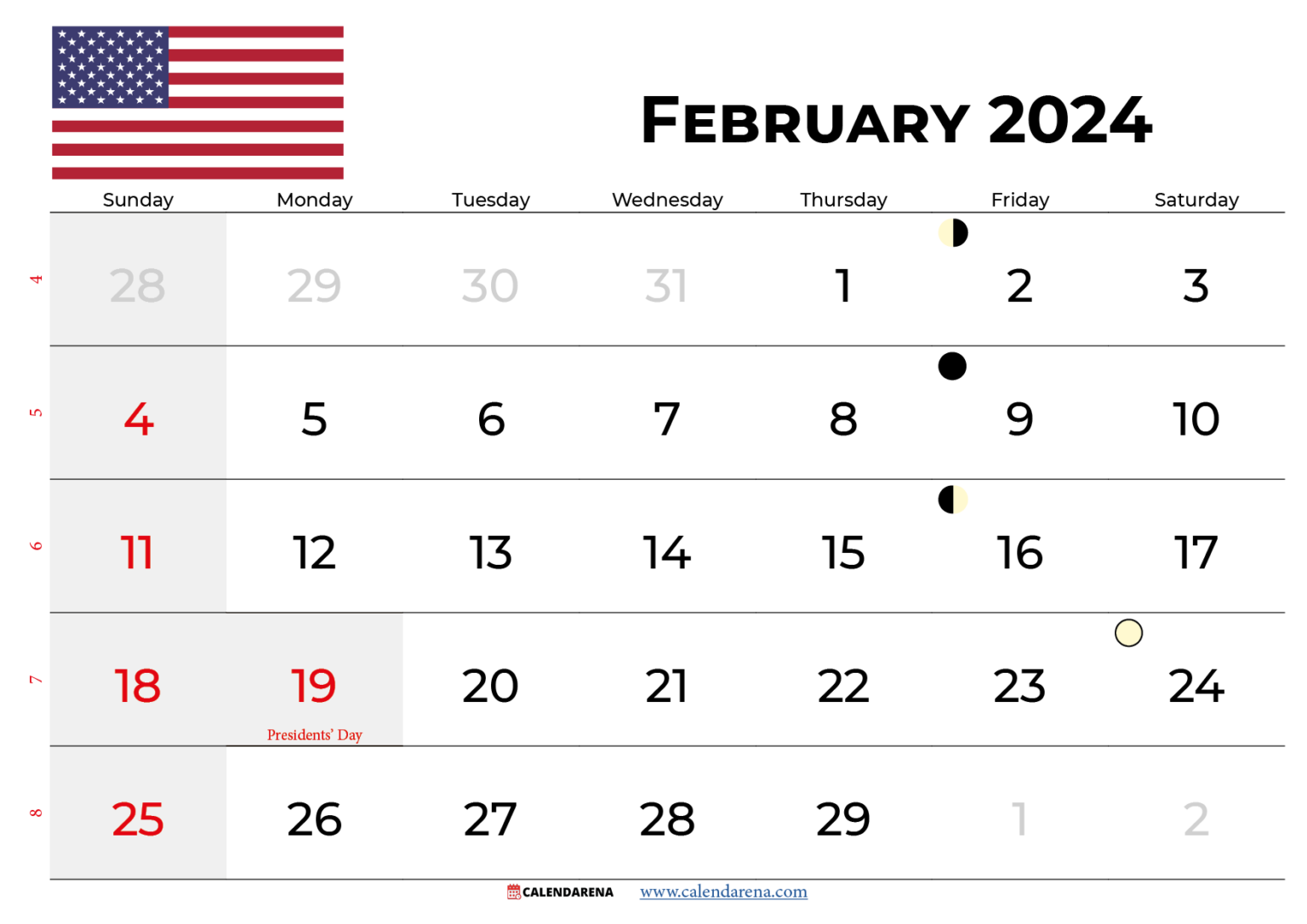 February 2024 Calendar Printable USA