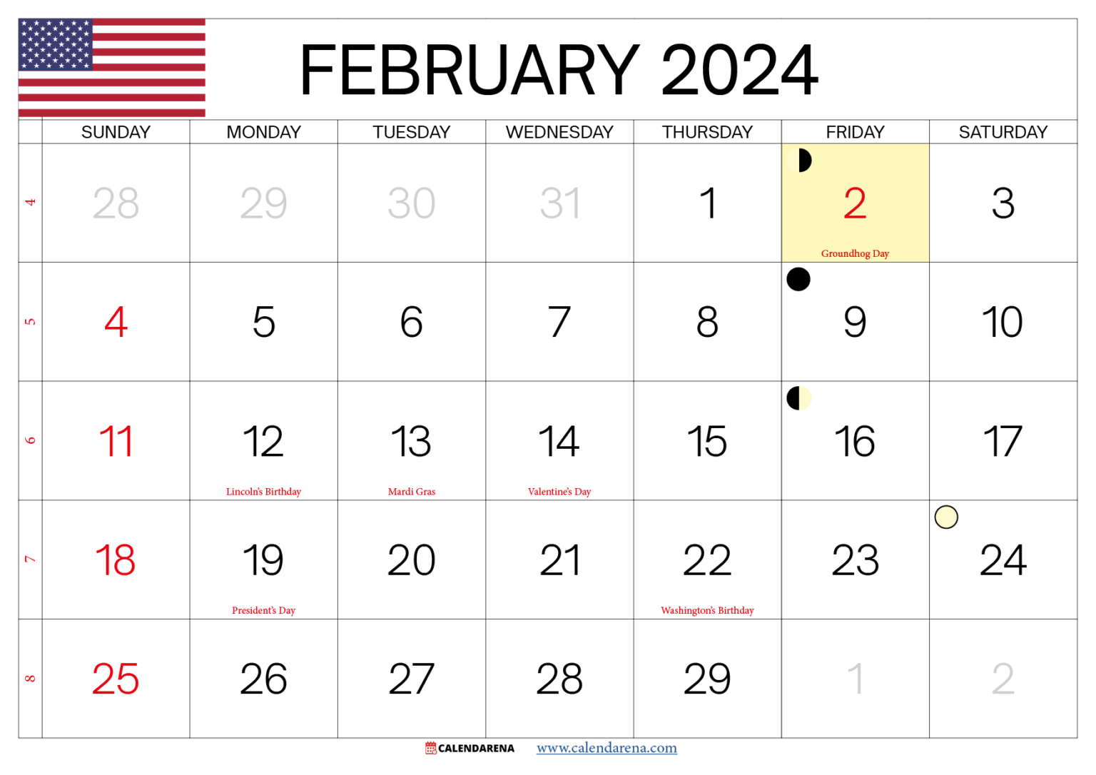 February 2024 Calendar Printable USA