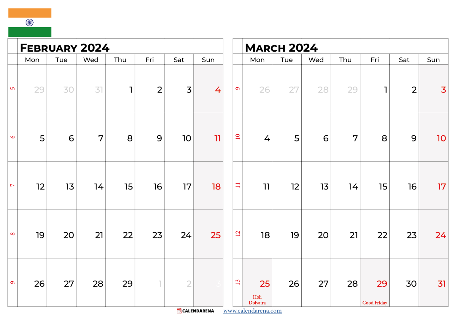 March 2024 Calendar India With Holidays