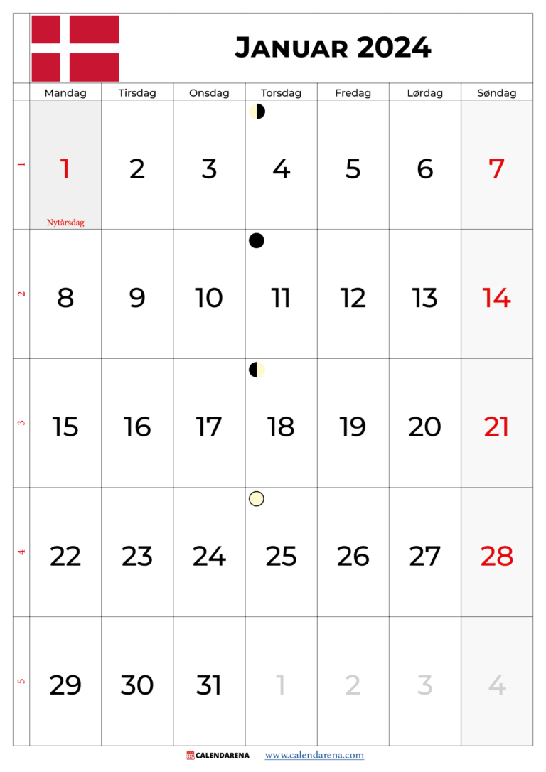 Januar Kalender 2024 Danmark