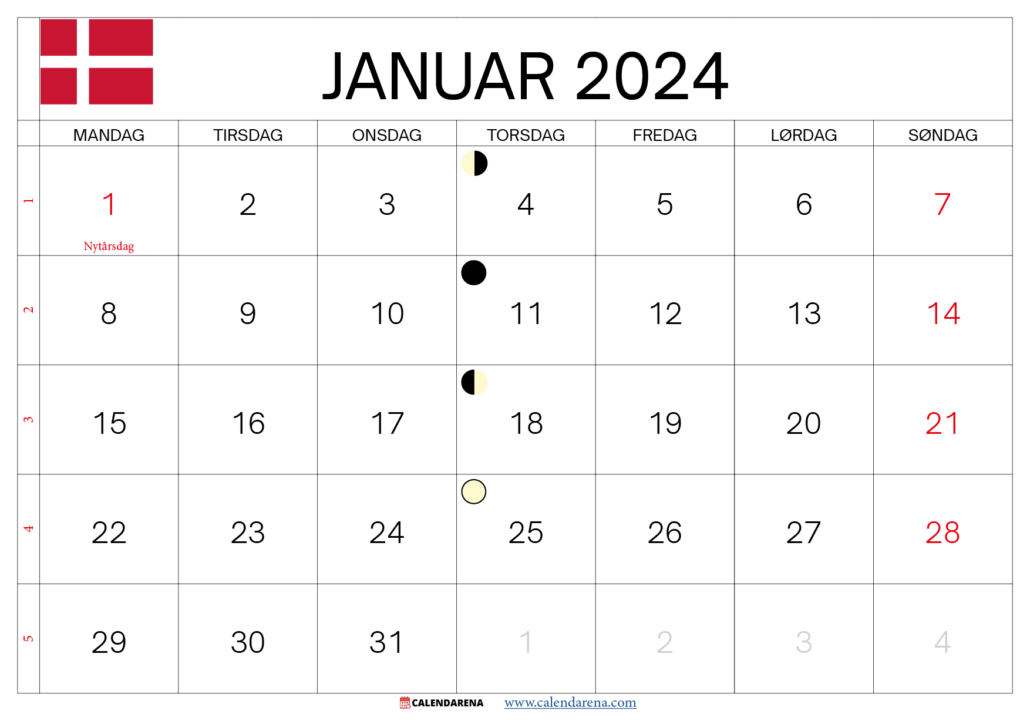 Januar Kalender 2024 Danmark
