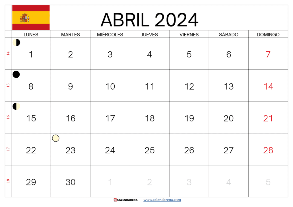 Calendario Abril 2024 España