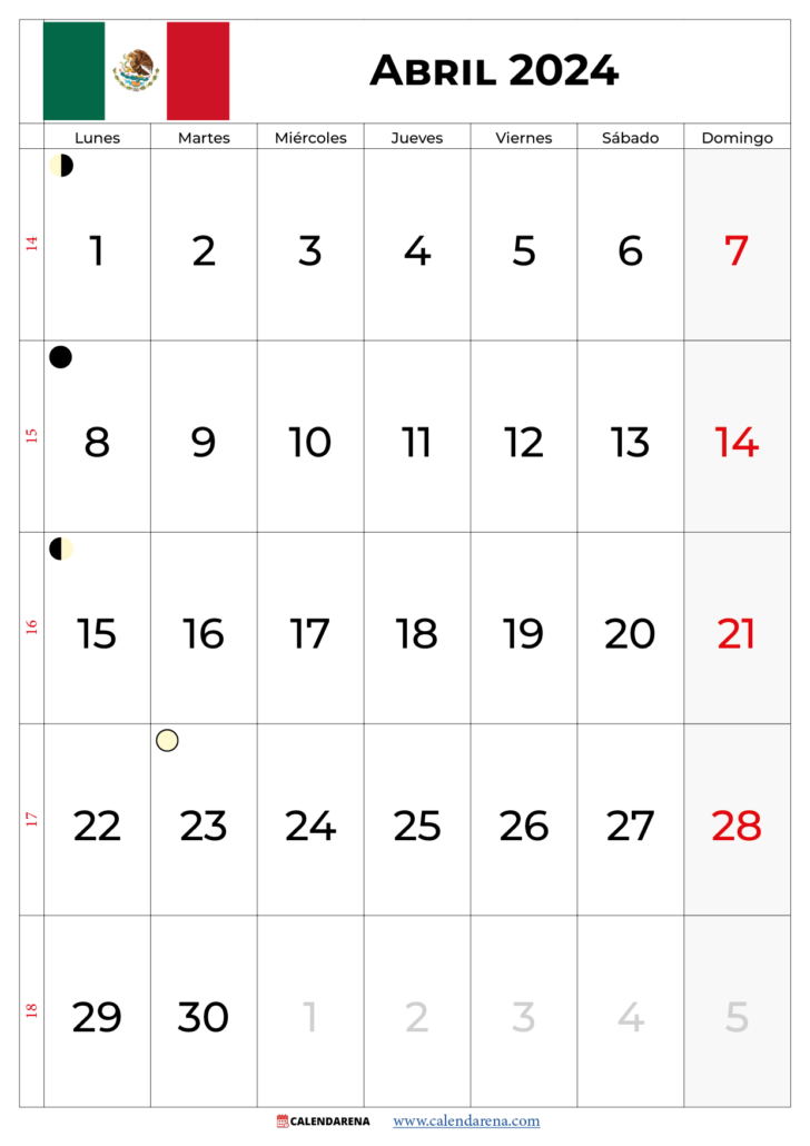 Calendario Abril 2024 México
