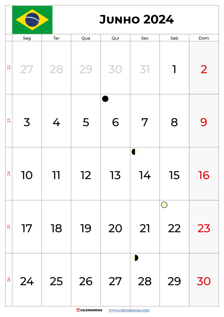 Calendário Junho 2024 Brasil
