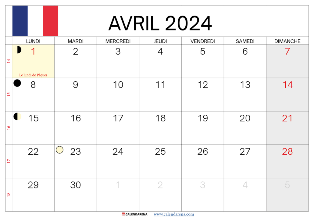 Calendrier Avril 2024 France à Imprimer Gratuit
