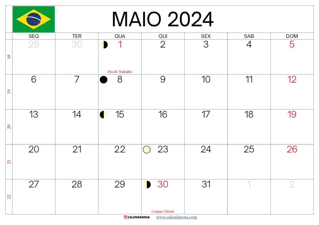 Calendário Maio 2024 Brasil
