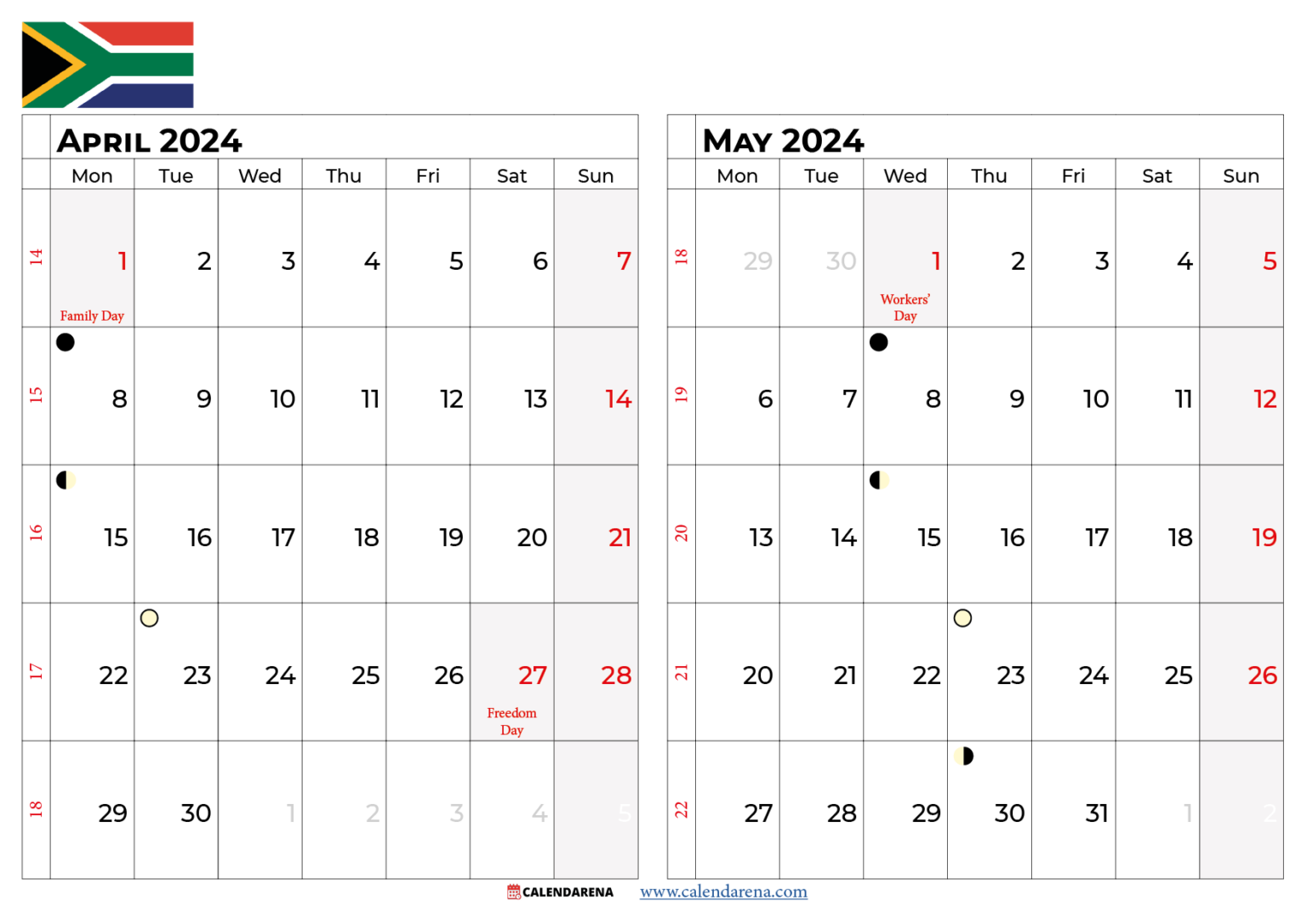 April 2024 Calendar South Africa With Holidays