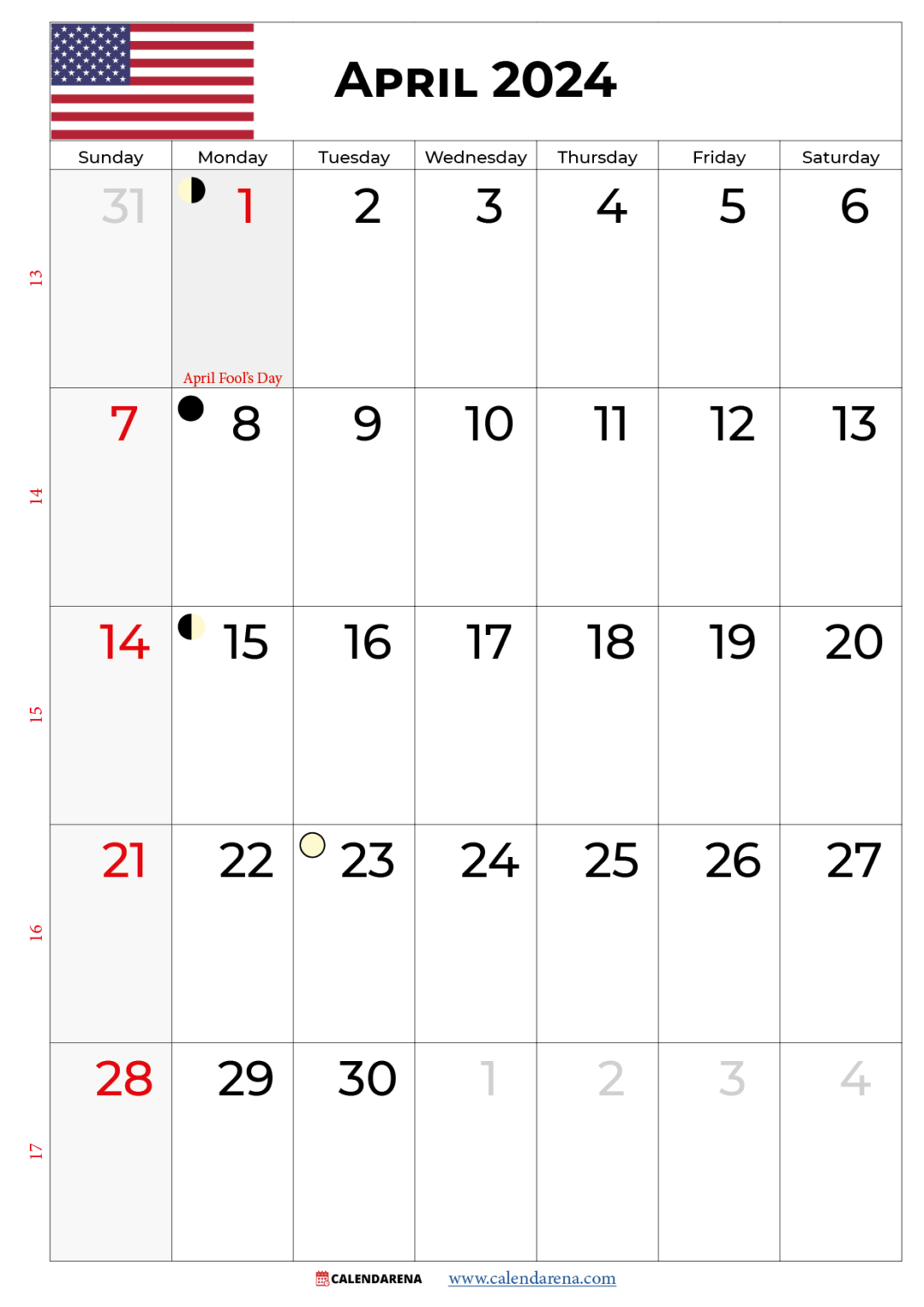 April 2024 Calendar USA With Holidays