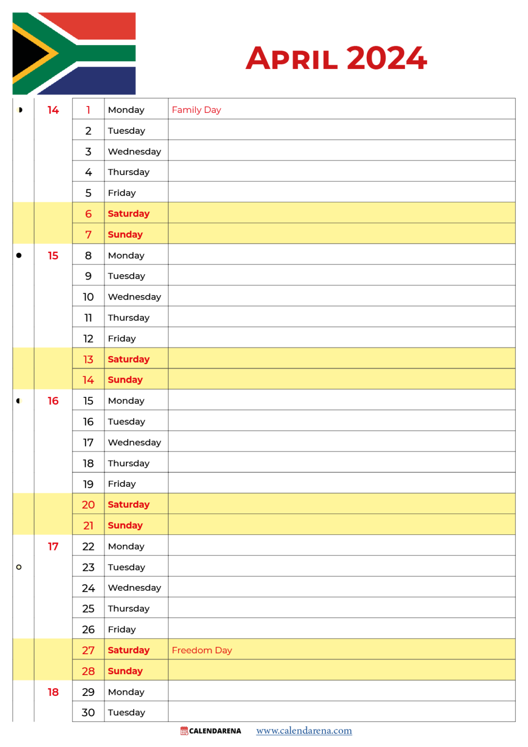 April 2024 Calendar South Africa With Holidays