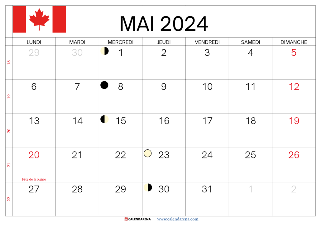 Calendrier Mai 2024 Québec