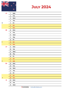 July Calendar 2024 NZ