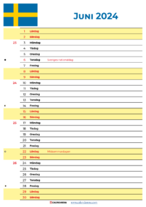 Kalender Juni 2024 Sverige