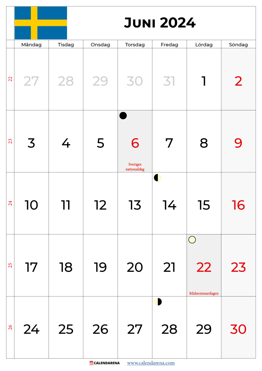 Kalender Juni 2024 Sverige