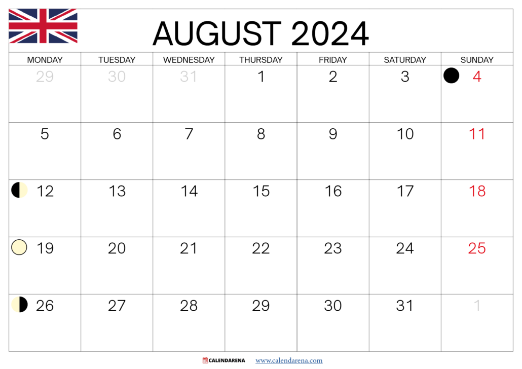 August Calendar 2024 UK