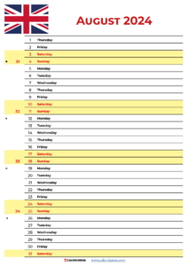 August Calendar 2024 UK