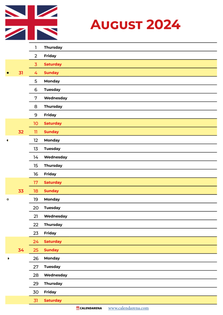 August Calendar 2024 UK