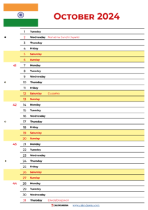October 2024 Calendar India