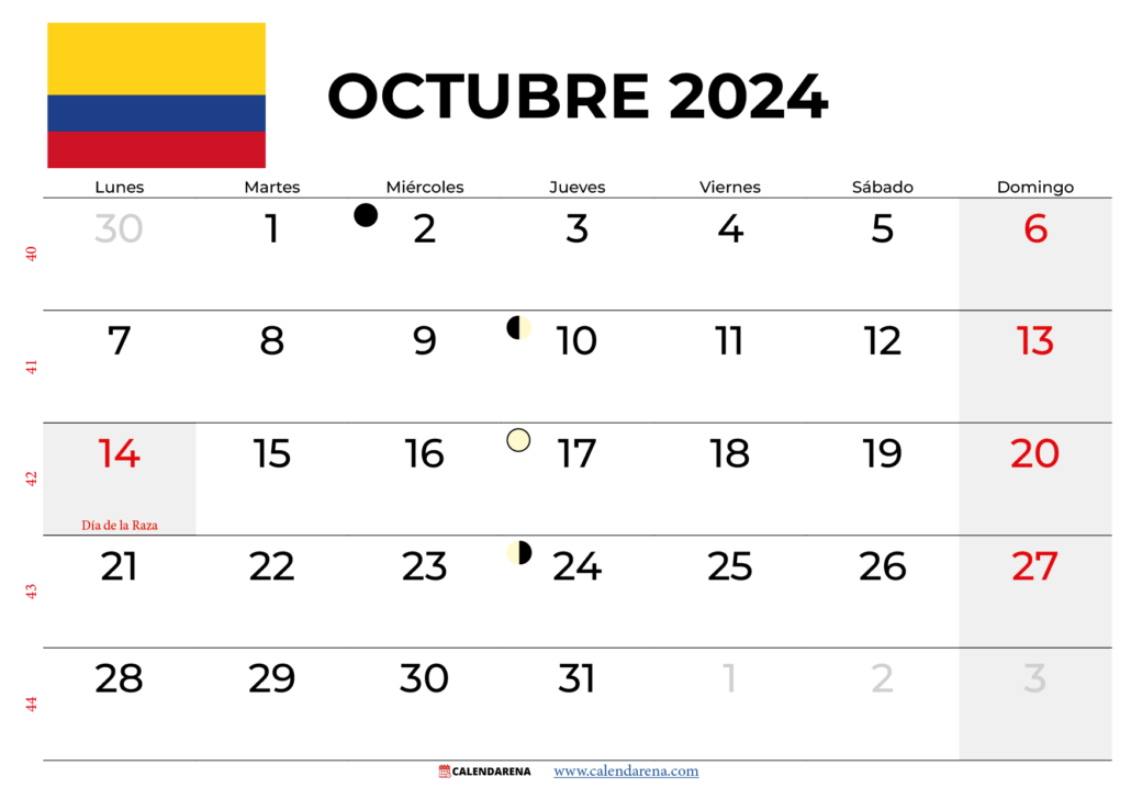 Calendario Octubre 2024 Colombia Para Imprimir