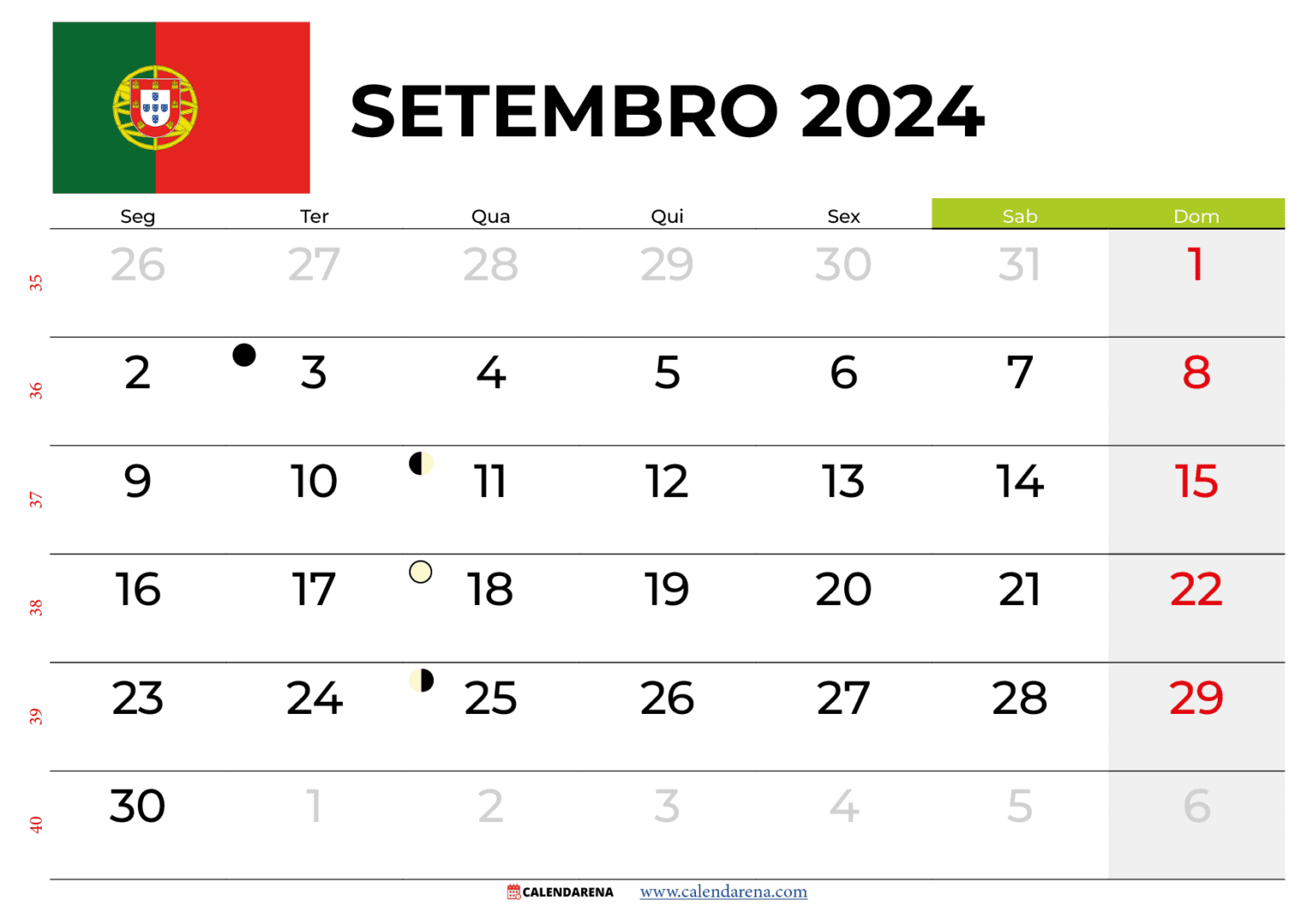 Calendário Setembro 2024 Imprimir Portugal Calendarena