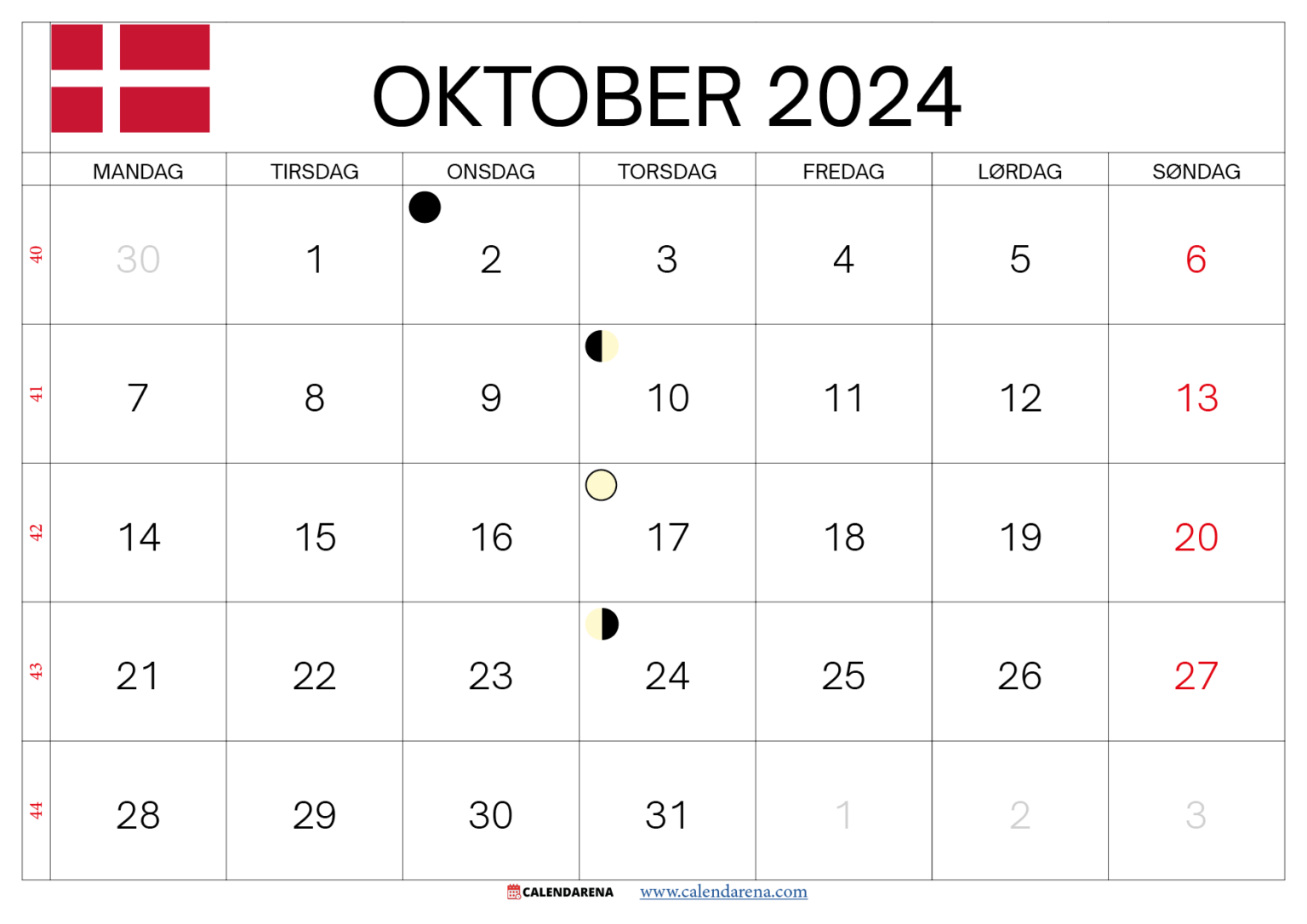 Kalender Oktober 2024 Danmark