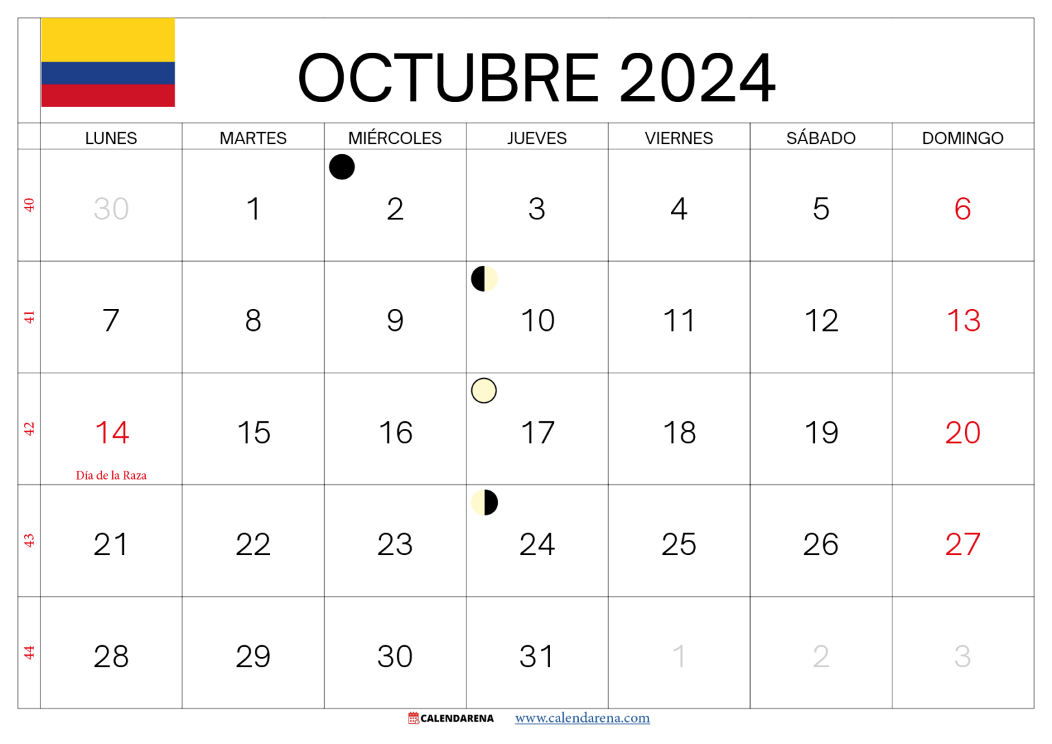 Calendario Octubre 2024 Colombia Para Imprimir