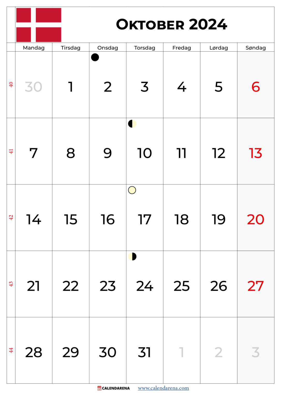 Kalender Oktober 2024 Danmark