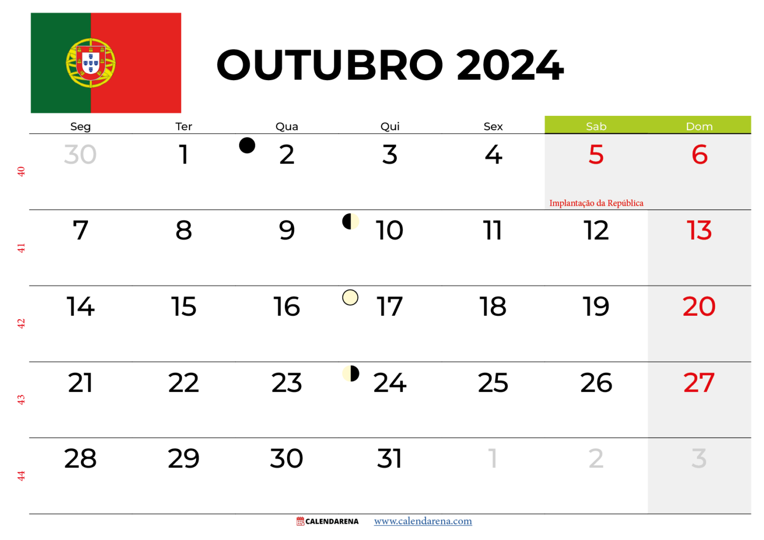 Calendário Outubro 2024 Portugal