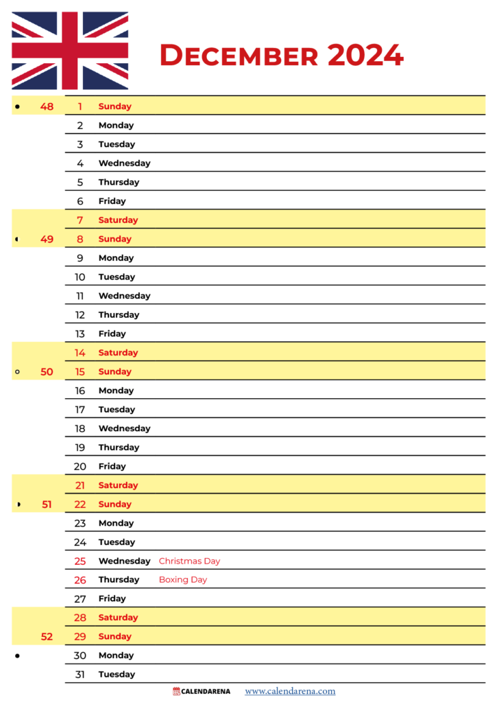 December 2024 Calendar Uk