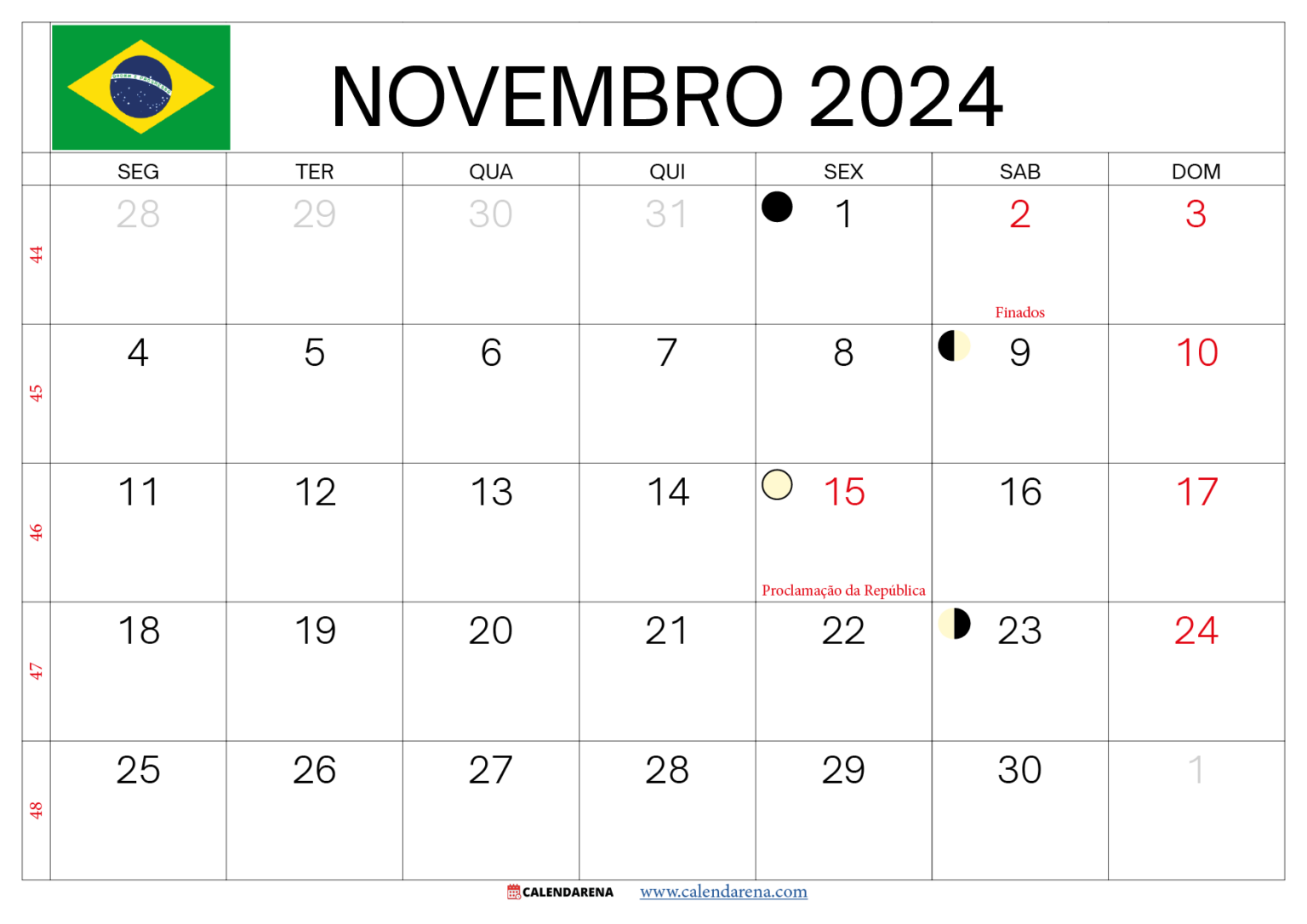 Calendário Novembro 2024 Brasil