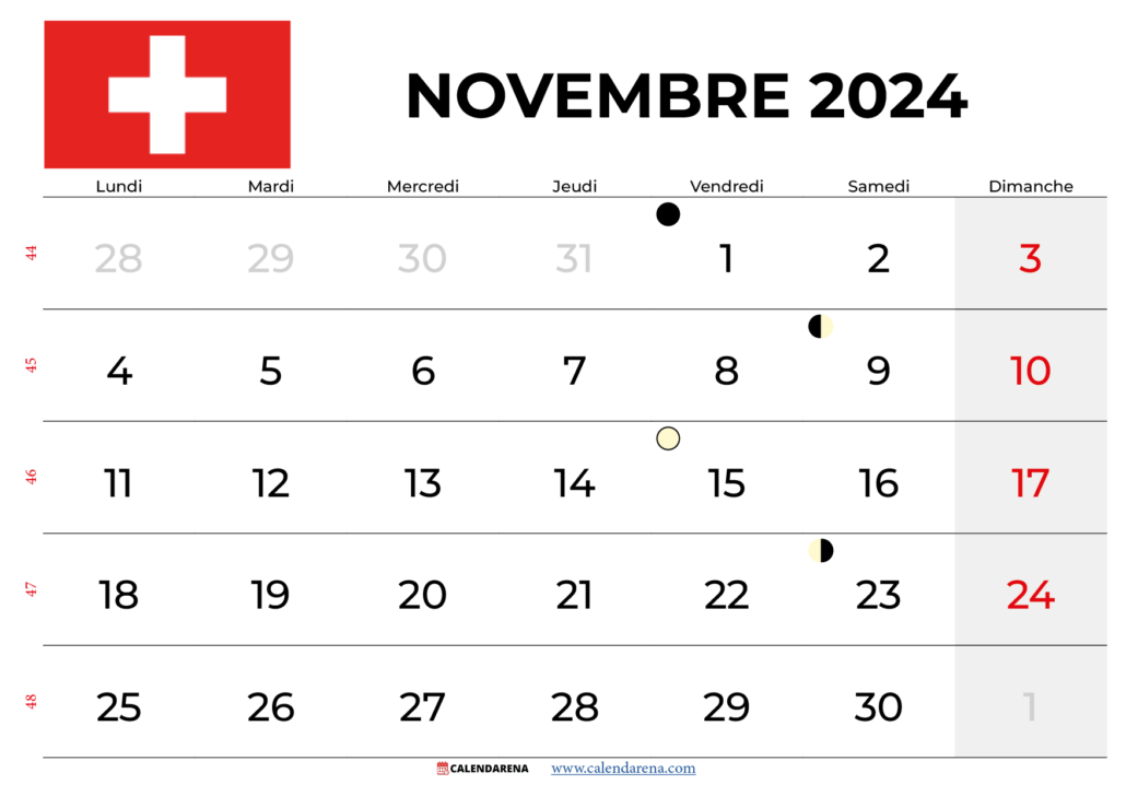 Calendrier Novembre 2024 À Imprimer Suisse