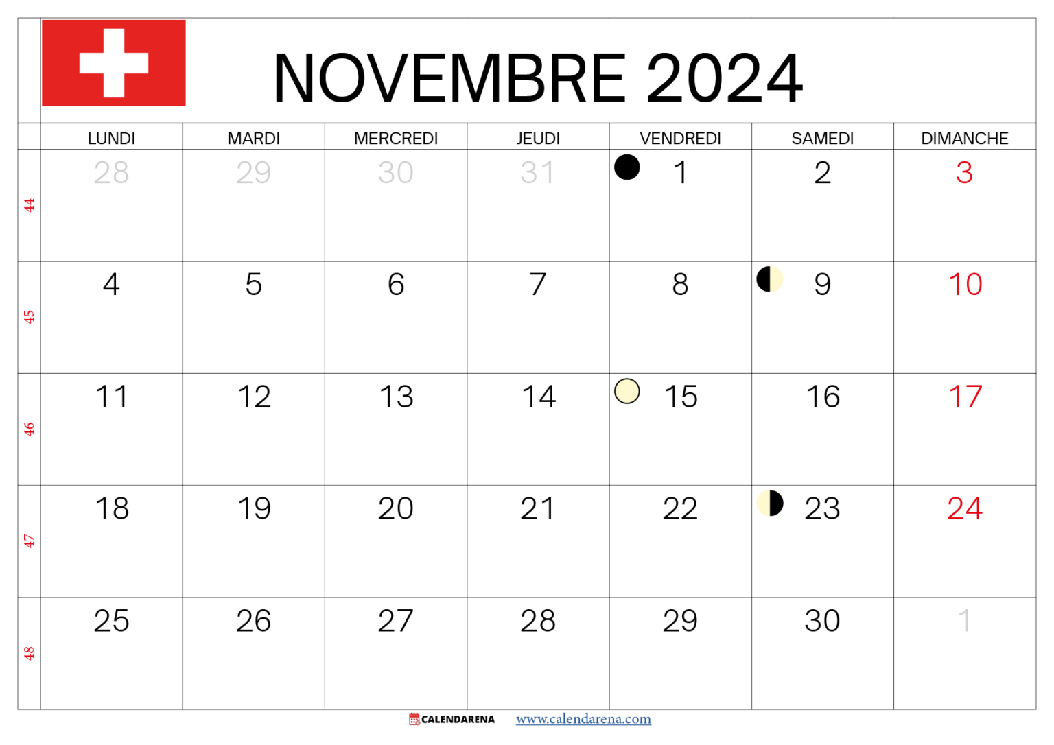 Calendrier Novembre 2024 À Imprimer Suisse