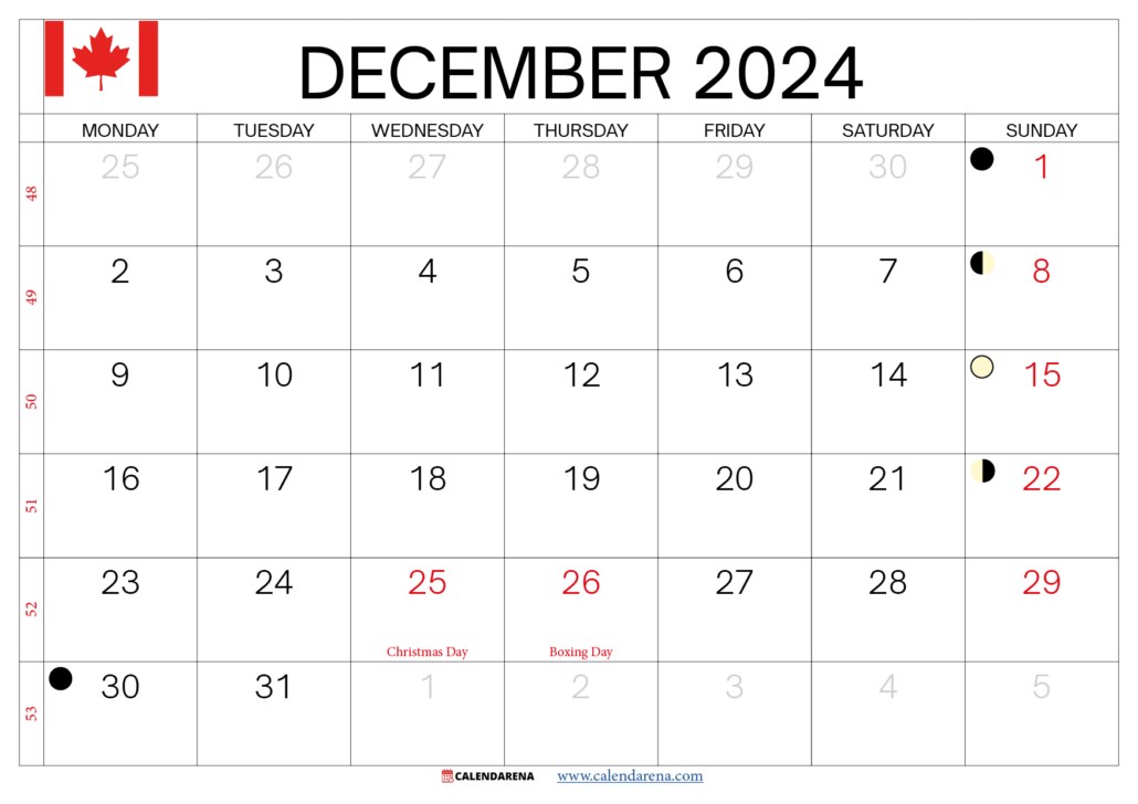 December 2024 Calendar Canada Printable