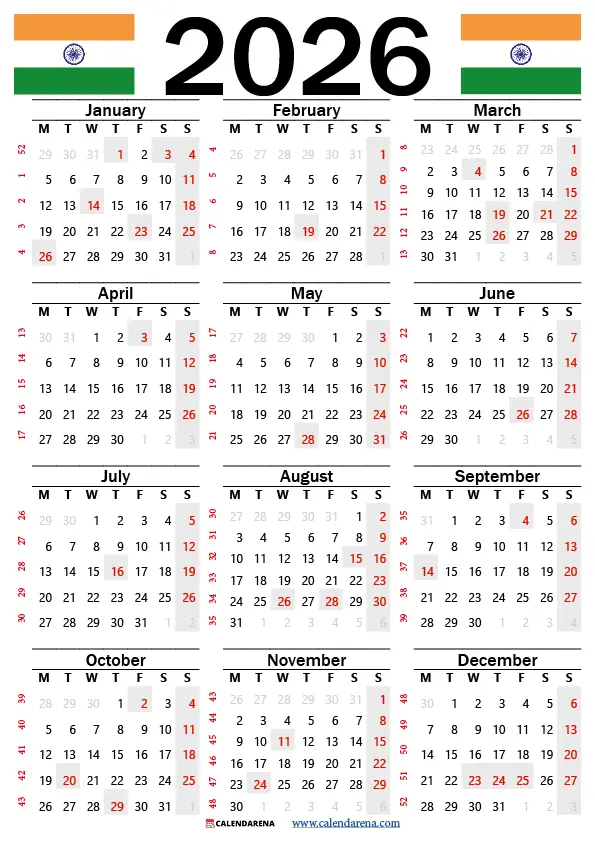 2026 Calendar With Indian Holidays PDF