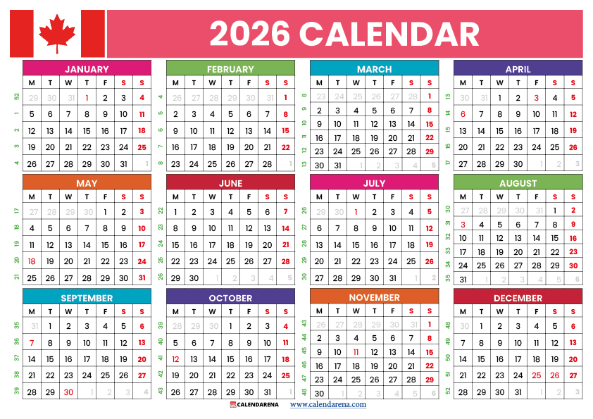 Printable 2026 Calendar Canada