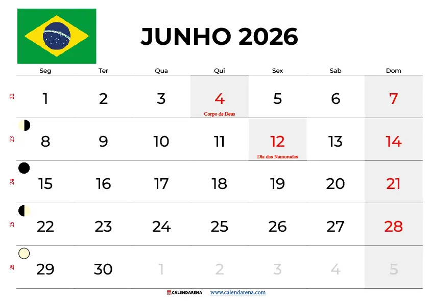Calendário Junho 2026 Brasil