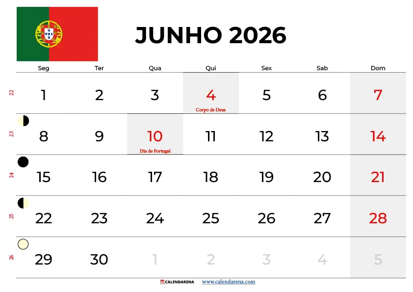 Junho 2026 - Calendários Portugal E Brasil Calendarena