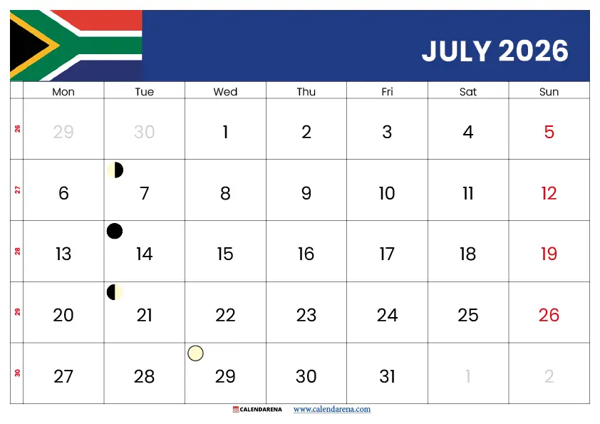 July 2026 Calendar South Africa: Free Printable & Holidays