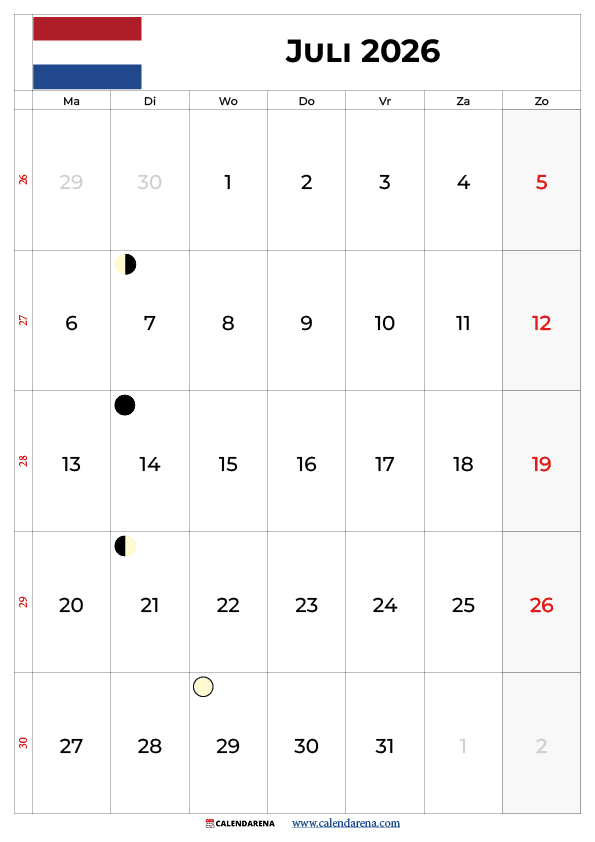 Kalender Juli 2026 Met Weeknummers Nederland Kalender Juli 2026 Met Weeknummers Nederland
